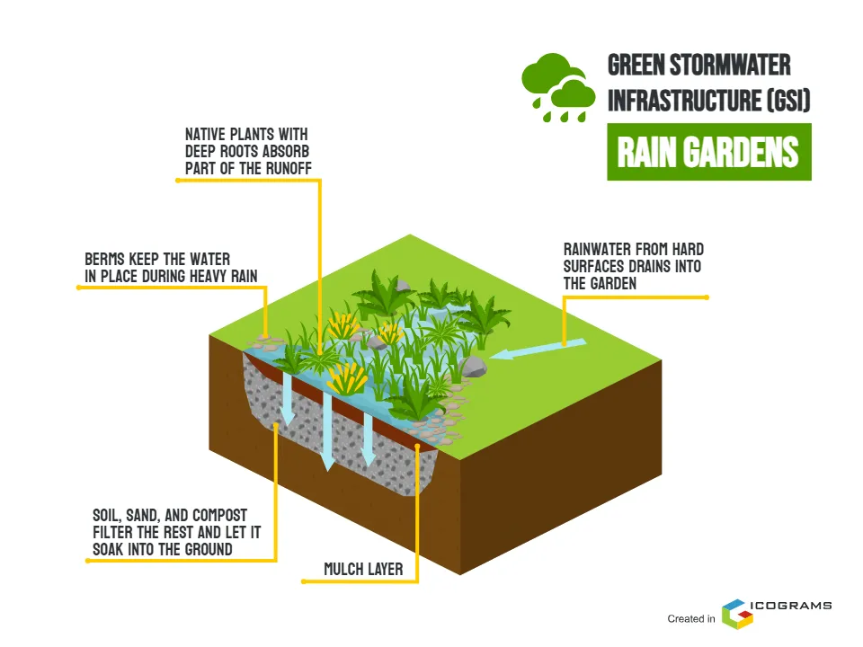 Green Stormwater Infrastruсture - Rain Gardens - Icograms Template